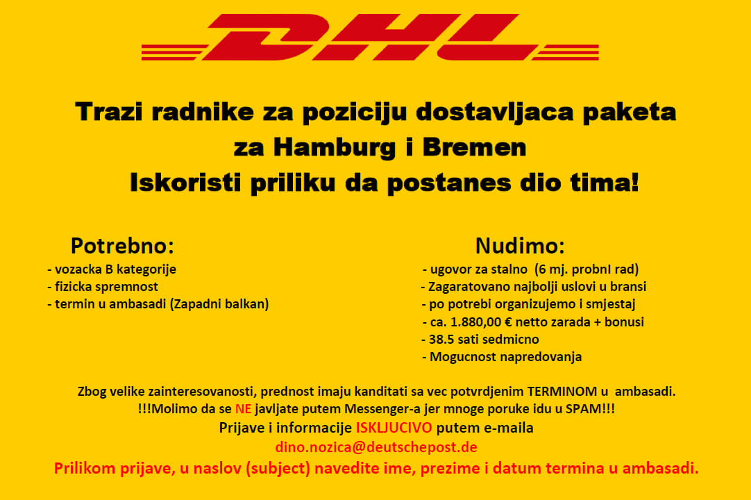 DHL zapošljava radnike kao dostavljače paketa u mjestu Hamburg i Bremen ...